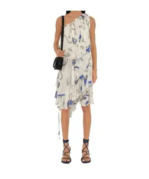 Burberry One-shoulder Chain Print Tiered Ruffled Dress - Nude