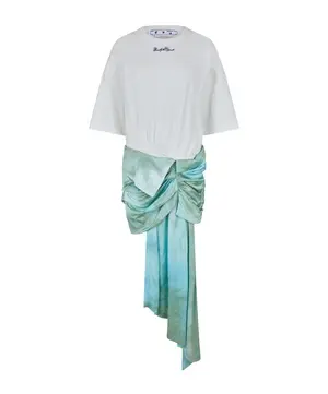 Off-White Crewneck T-shirt Dress With Draped Tie-dye Skirt
