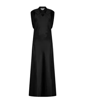 Off-White Maxi Dress In Glossy Satin With Stand Collar - Black