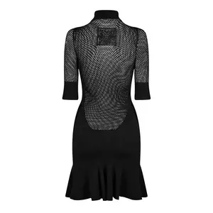 Off-White Ribbed Knit Dress With Mesh Sleeves