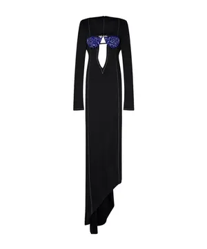 Off-White Asymmetrical Maxi Dress With Blue Crystal Embellishments