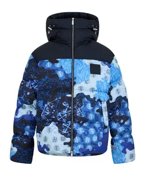 Off-White Tone Graffiti Print Hooded Down Jacket - Blue