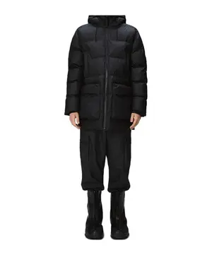 Rains Alta Long Puffer Cargo Jacket With Insulated Hood - Black