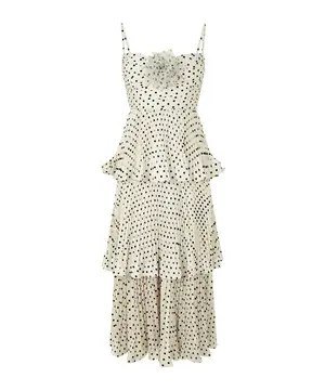 SELF-PORTRAIT Polka Dot Tiered Midi Dress With Floral Embellishment