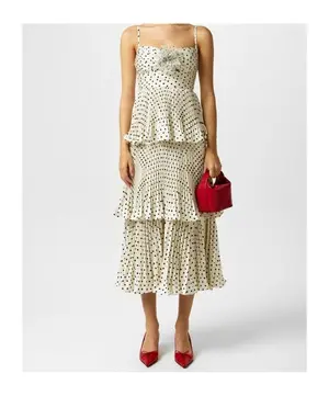 SELF-PORTRAIT Polka Dot Tiered Midi Dress With Floral Embellishment