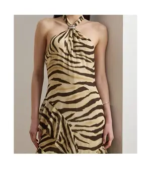 Ralph Lauren Zebra Print Halterneck Ruffled Maxi Dress