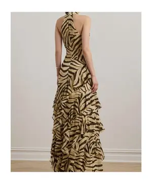 Ralph Lauren Zebra Print Halterneck Ruffled Maxi Dress