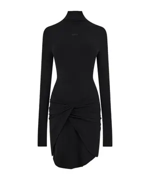 Off-White Long-sleeve High-neck Asymmetrical Hem Mini Dress - Black