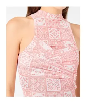 Off-White Printed High Neck Ruched Mini Dress