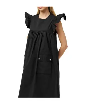 GANNI Maxi Dress With Frill Sleeves And Patch Pockets - Black