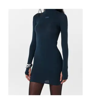 Off-White High Neck Long Sleeve Logo Dress - Black