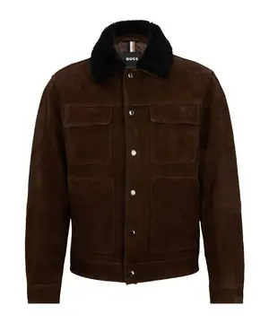 Hugo Boss Suede Trucker Jacket With Shearling Collar - Brown
