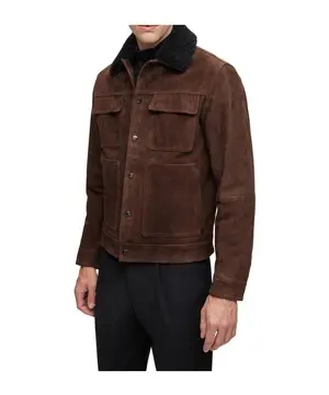 Hugo Boss Suede Trucker Jacket With Shearling Collar