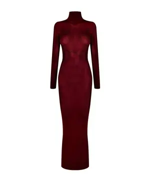 SELF-PORTRAIT Ribbed Knit High Neck Maxi Dress - Brown