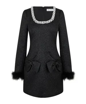 SELF-PORTRAIT Sequined Square Neck Long Sleeve Mini Dress With Fur Trim