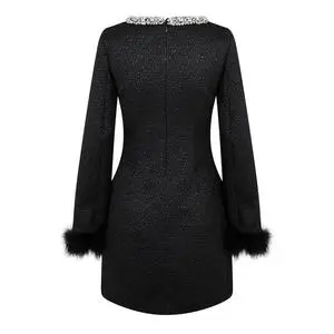 SELF-PORTRAIT Sequined Square Neck Long Sleeve Mini Dress With Fur Trim
