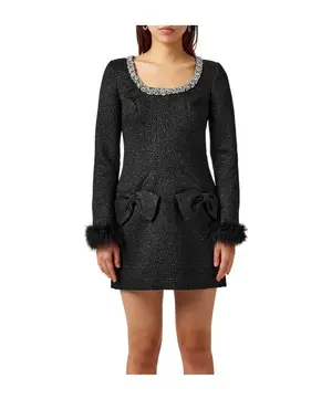 SELF-PORTRAIT Sequined Square Neck Long Sleeve Mini Dress With Fur Trim