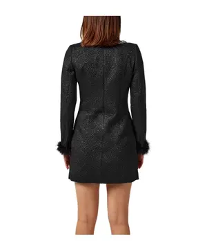 SELF-PORTRAIT Sequined Square Neck Long Sleeve Mini Dress With Fur Trim