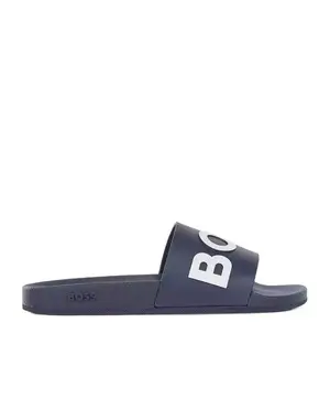Hugo Boss Bay Logo Sliders, Branding Strap Sandals - Black