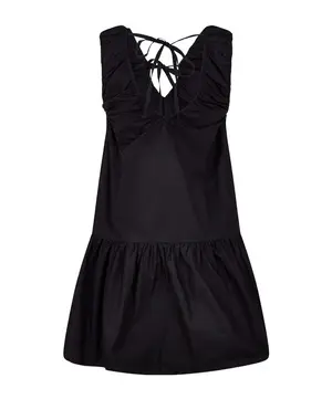GANNI Cotton Poplin Mini Dress With Ruched Bust And Open Back Lace-up - Black