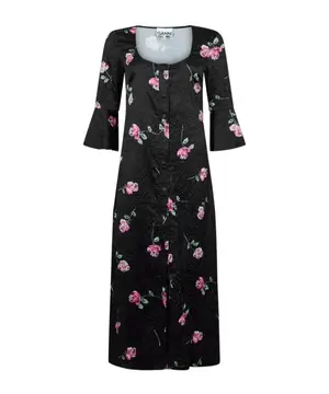 GANNI Floral Satin Maxi Dress - Black