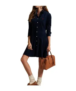 Polo Ralph Lauren Navy Corduroy Shirt Dress With Embroidered Logo
