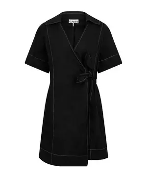 GANNI Mini Wrap Dress With Contrast Stitching - Black