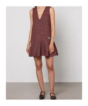 GANNI Plaid V-neck Mini Dress - Brown