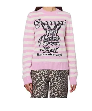 GANNI Striped Crew Neck Sweater - Pink