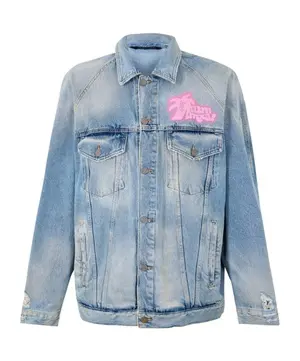 Palm Angels Single-breasted Denim Jacket With Pink Print