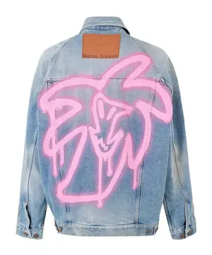 Palm Angels Single-breasted Denim Jacket With Pink Print