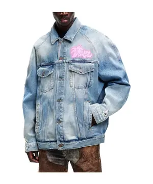 Palm Angels Single-breasted Denim Jacket With Pink Print