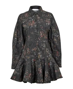 GANNI Printed Mini Dress With Lace Hem - Black
