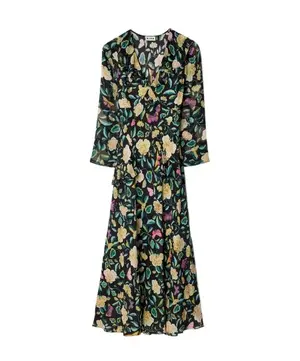 Rixo Cedar Printed Long Sleeve V-neck Dress - Black