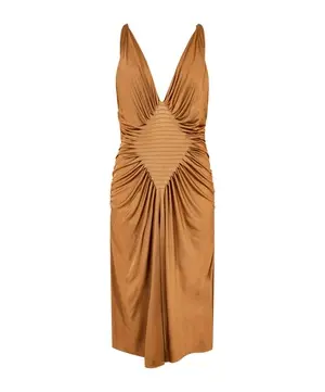 Versace Pleated V-neck Dress - Brown