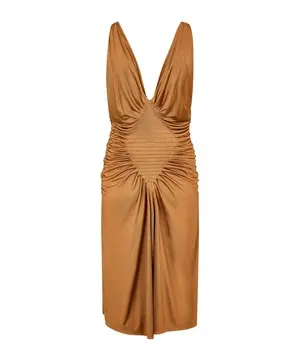 Versace Pleated V-neck Dress - Brown