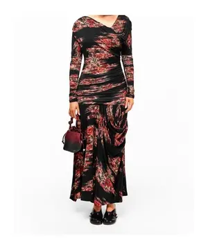 GANNI Printed Long Sleeve Maxi Dress - Black