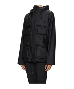 Rains Hooded Long-sleeved Raincoat With Snap Closure And Multiple Pockets