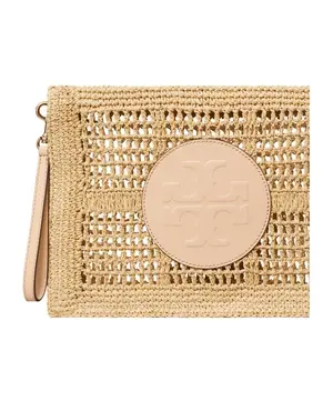 Tory Burch Woven Raffia Pouch With Embossed Logo