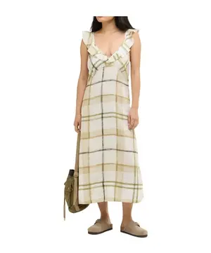 Barbour Plaid Maxi Dress With Ruffled V-neck