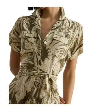 Ralph Lauren Shirt Dress With Tropical Print And Belted Waist - Nude