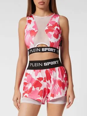 PLEIN SPORT Plein Sport Cropped Camouflage Print Top With Mesh Detail Fuchsia