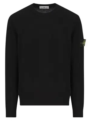 Stone Island Wool Sweater With Logo Patch - Black