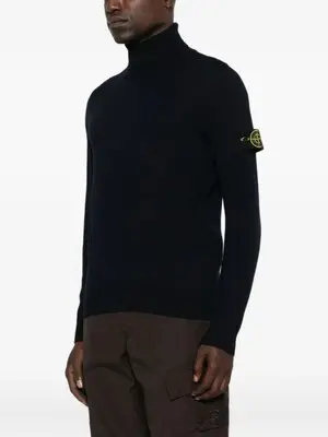 Stone Island Wool Turtleneck Sweater With Logo Patch - Blue