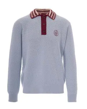 Drole De Monsieur Knit Long-sleeve Polo Sweater - Light Blue