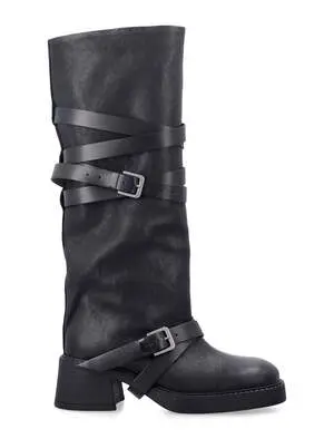 MIISTA Katarzyna Mini Leather Boots With Wraparound Buckle Straps - Nero