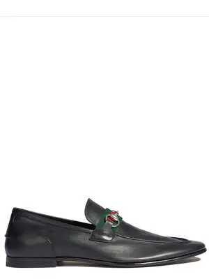 Gucci Palladium-toned Horsebit Web Round-toe Leather Flats - Nero
