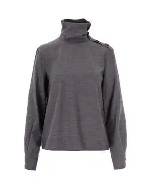 Patrizia Pepe Turtleneck Blouse With Shoulder Button Detail - Gray Flannel