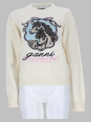 GANNI Graphic Crewneck Wool Blend Sweater - Beige