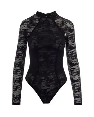 DIESEL® Long Sleeve Sheer Lace High Neck Bodysuit - Ebony